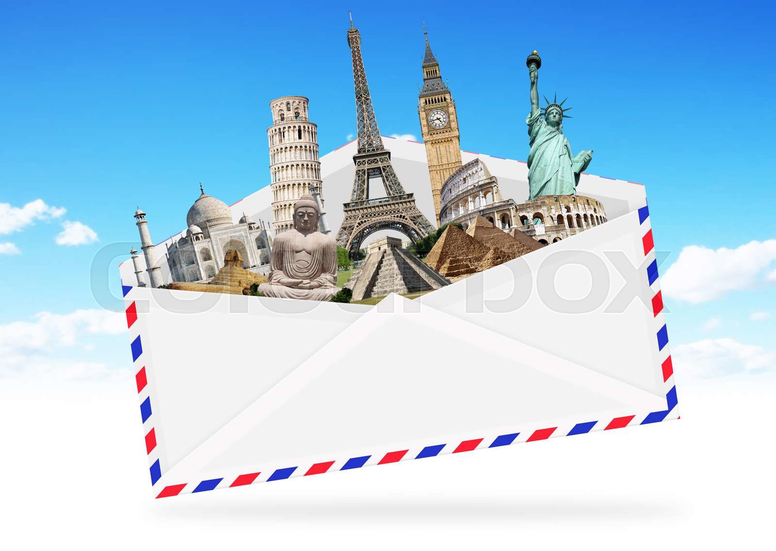 illustration of an envelope full of famous monument | Stock image ...