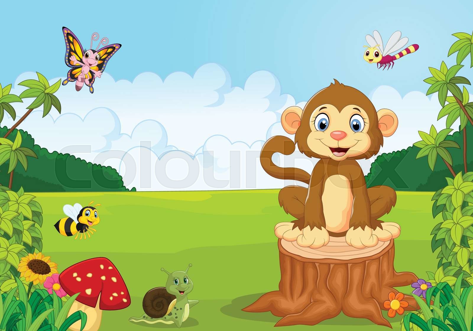 Happy monkey cartoon in the forest | Stock vector | Colourbox