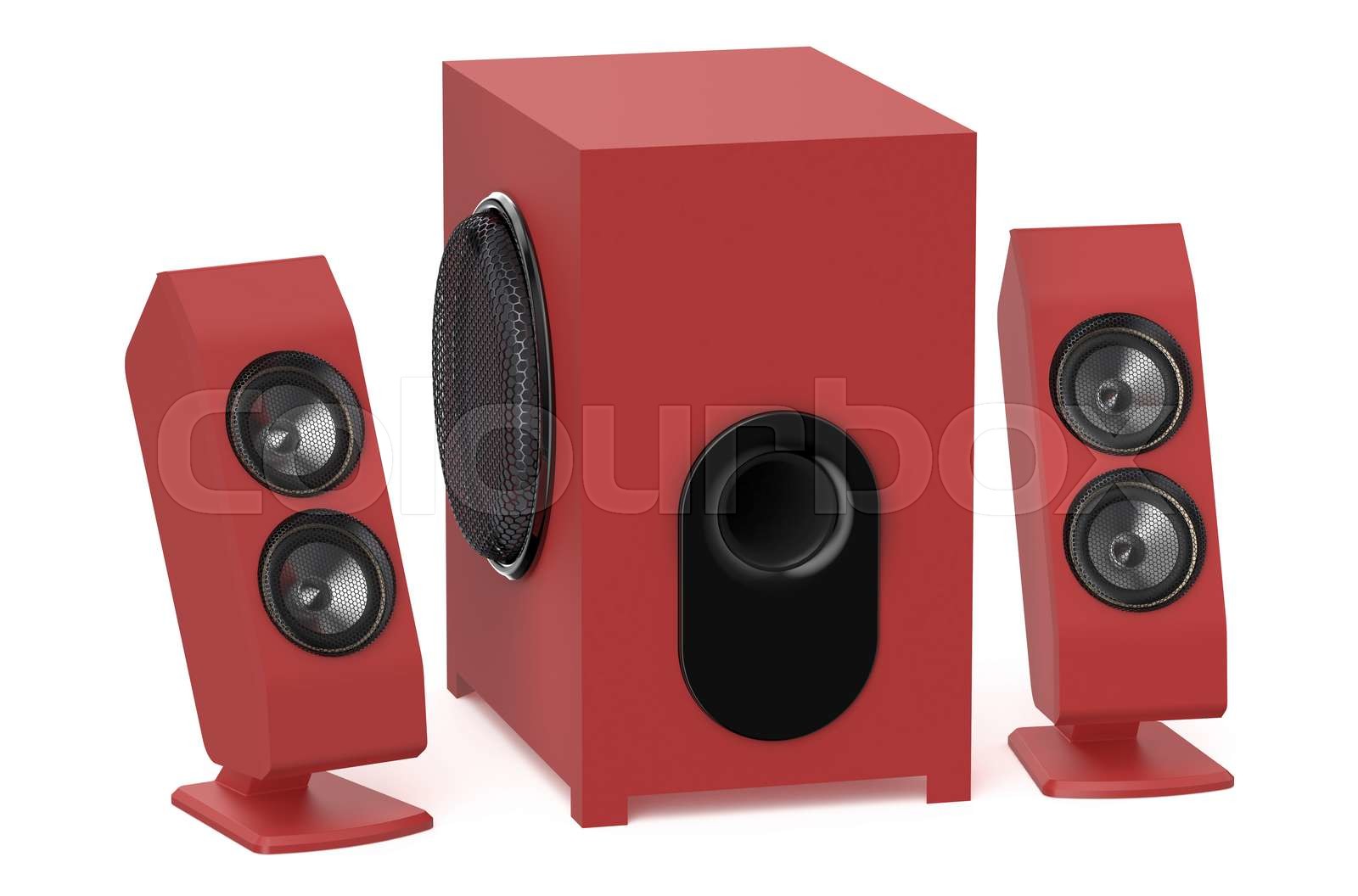 red loudspeakers with subwoofer system 2.1 | Stock image | Colourbox