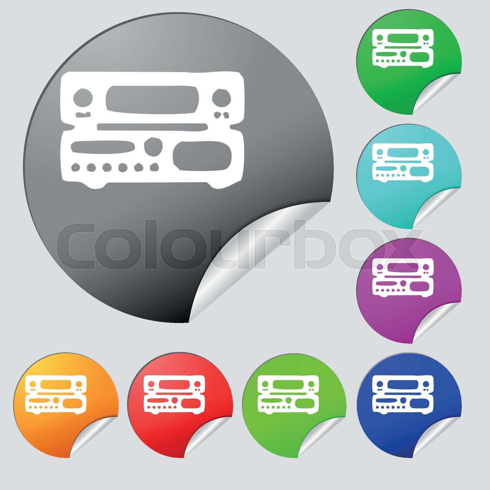 radio, receiver, amplifier icon sign. Set of eight multi colored round ...