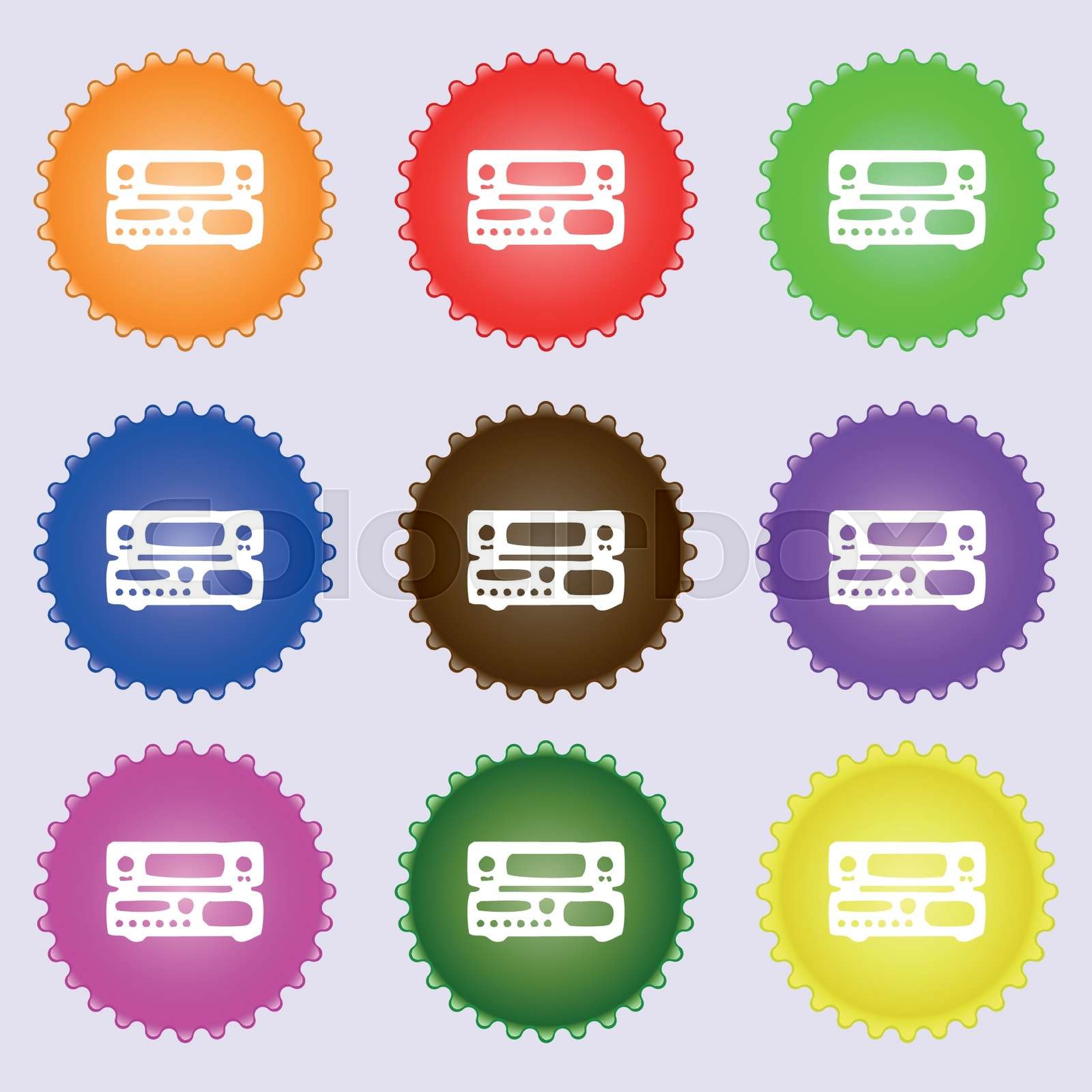 radio, receiver, amplifier icon sign. A set of nine different colored ...