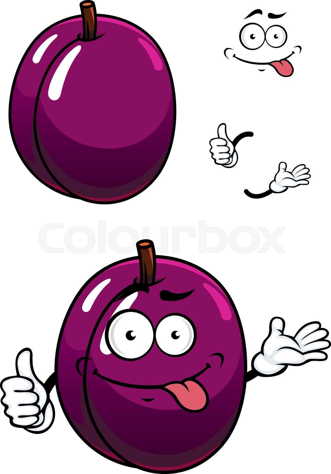 Cartoon purple plum fruit with thumb up | Stock vector | Colourbox