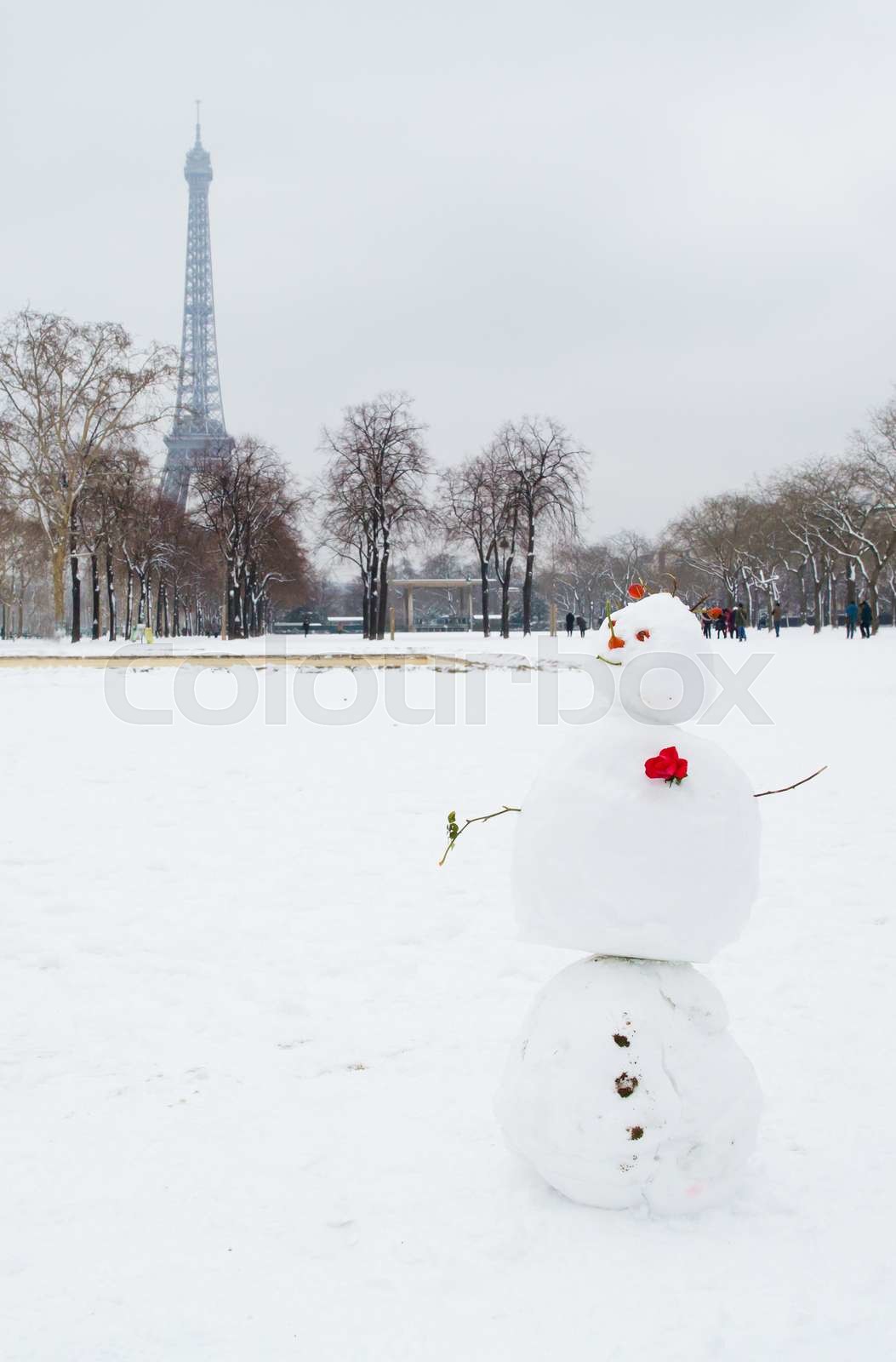 Romantic snowman near the Eiffel tower in Paris, France | Stock image ...