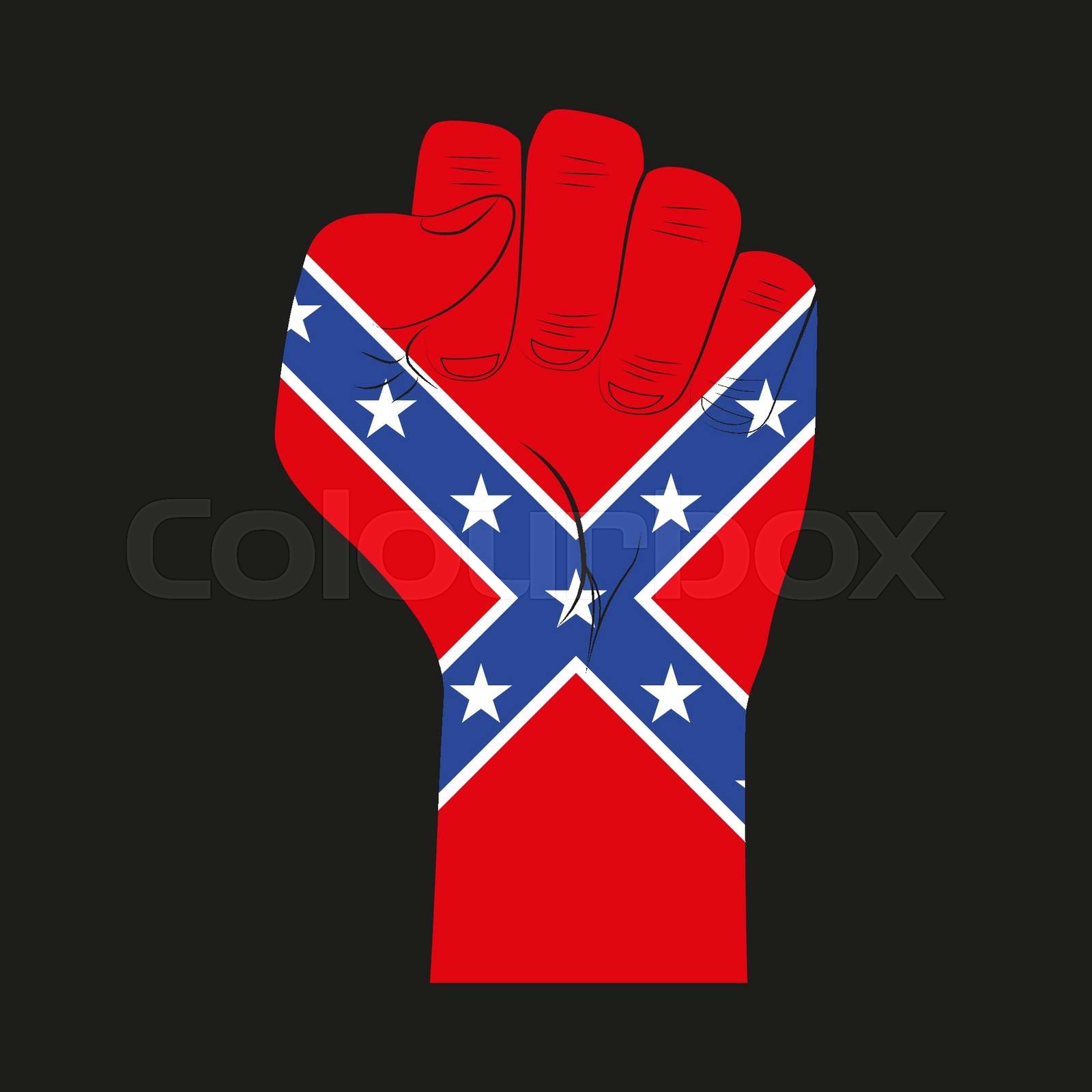 Symbol clenched fist held in protest with Confederate flag. | Stock ...