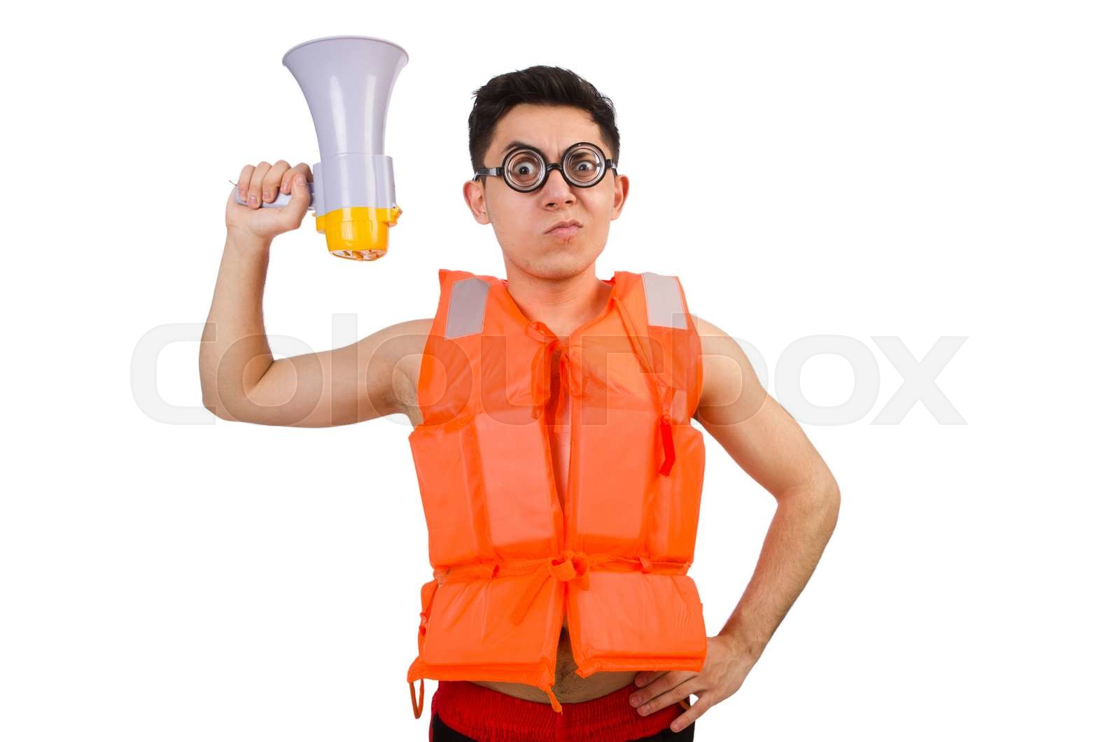 Funny man wearing vest with loudspeaker | Stock image | Colourbox