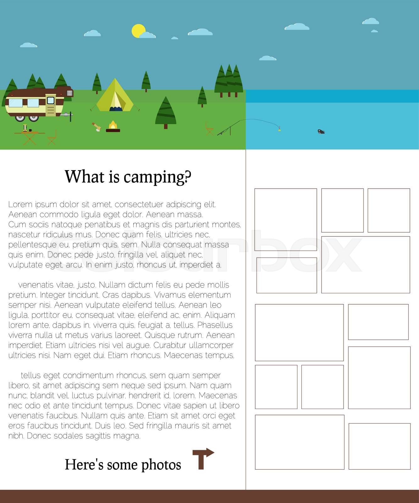 Camping template with text. Outdoors. Summer campsite photos. | Stock ...