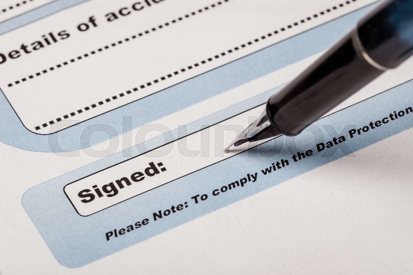 Signature field on document with pen and signed here; document is mock ...