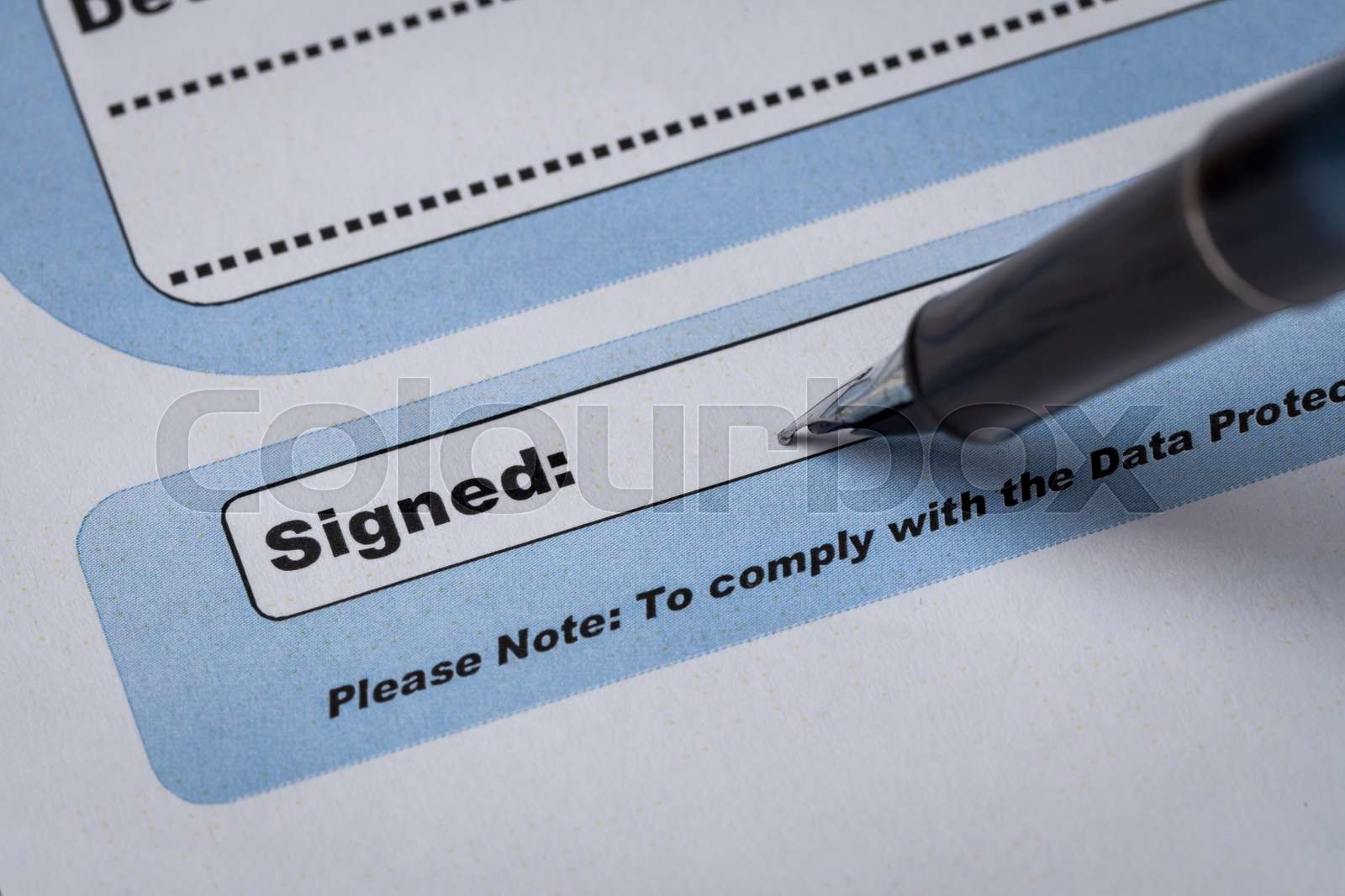 Signature field on document with pen and signed here; document is mock ...