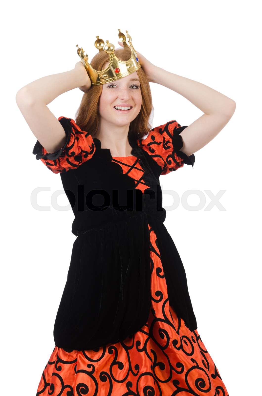Red hair princess in orange dress isolated on white | Stock image ...