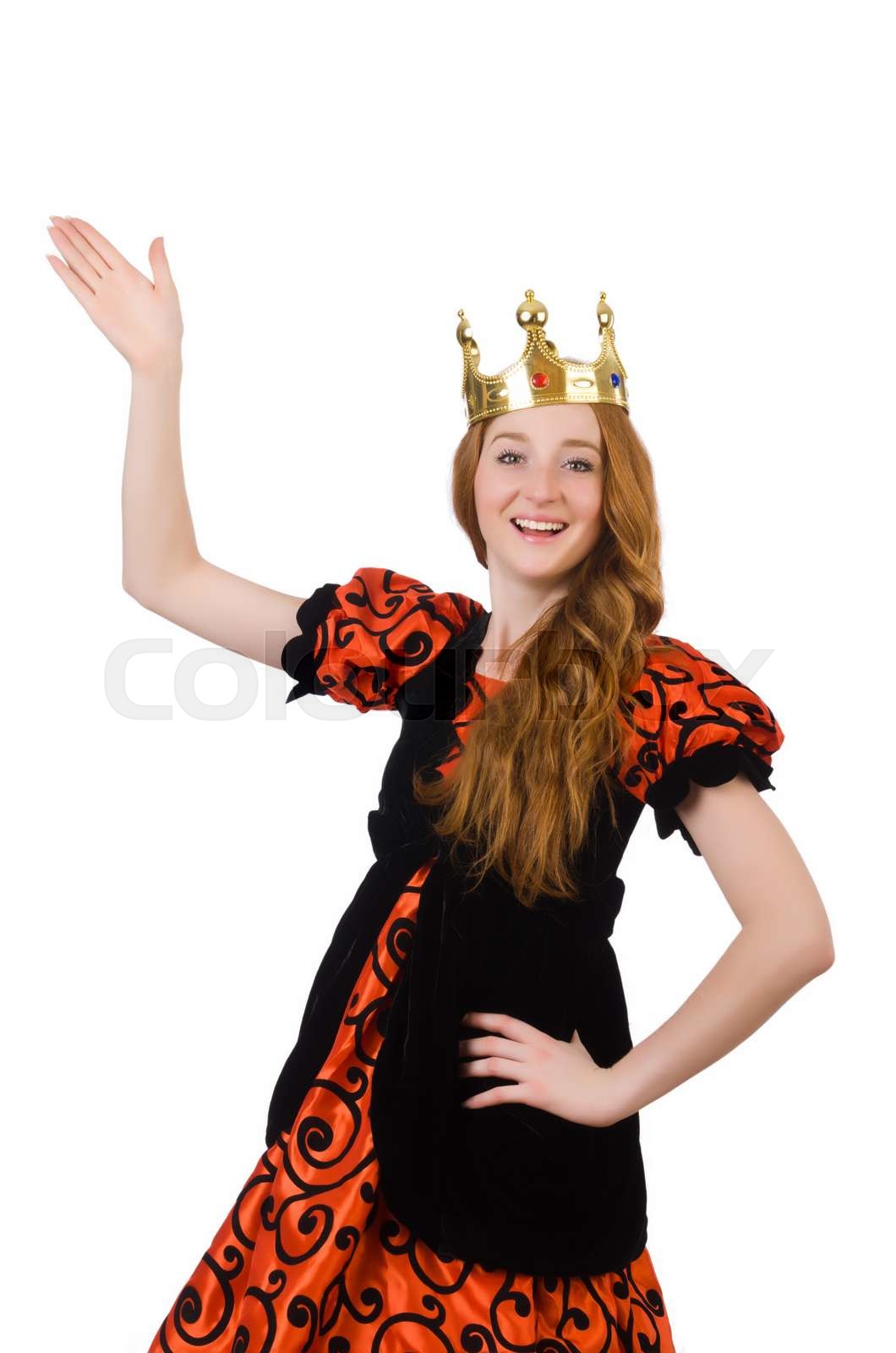 Red hair princess in orange dress isolated on white | Stock image ...