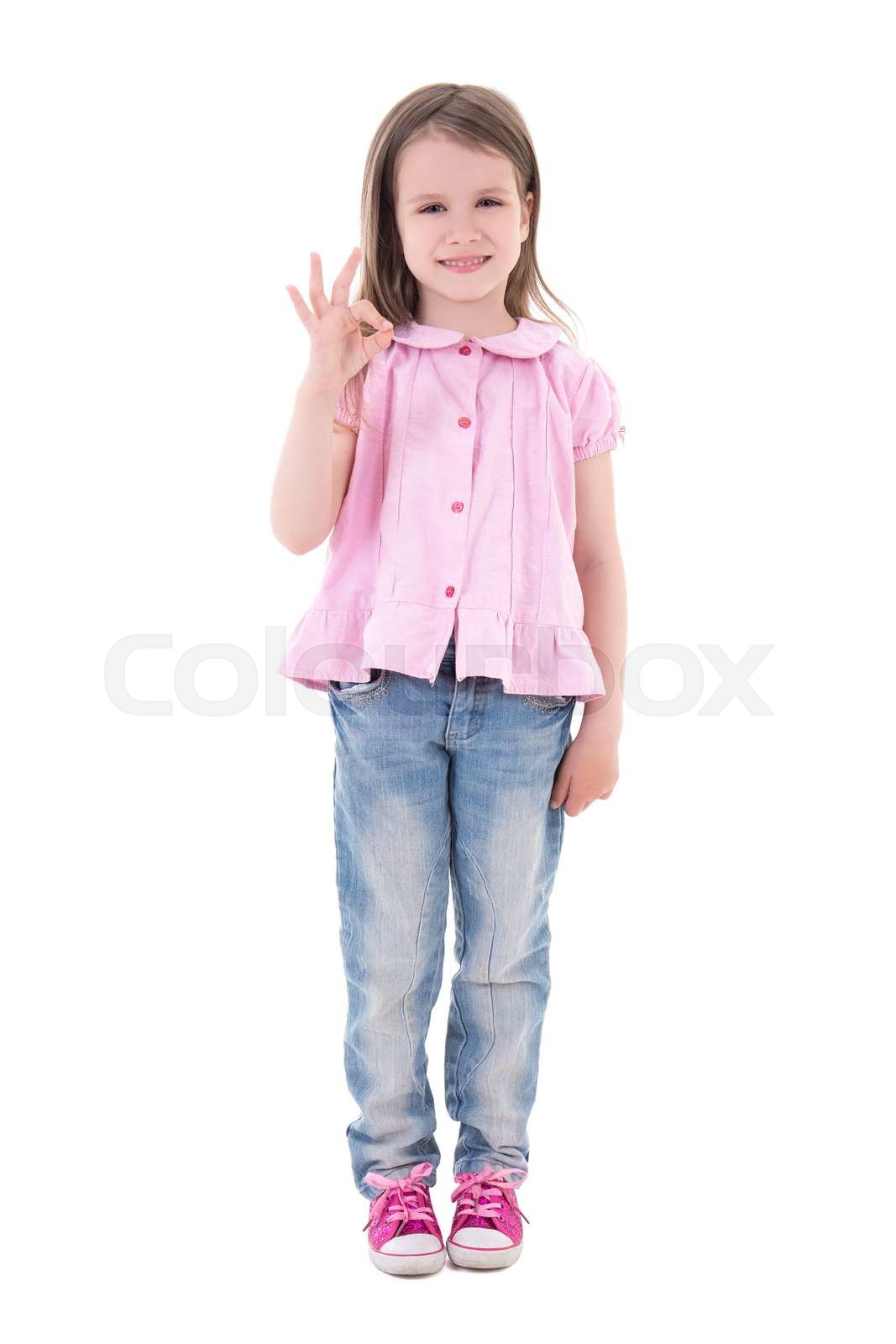 cute pretty little girl showing ok sign isolated on white | Stock image ...
