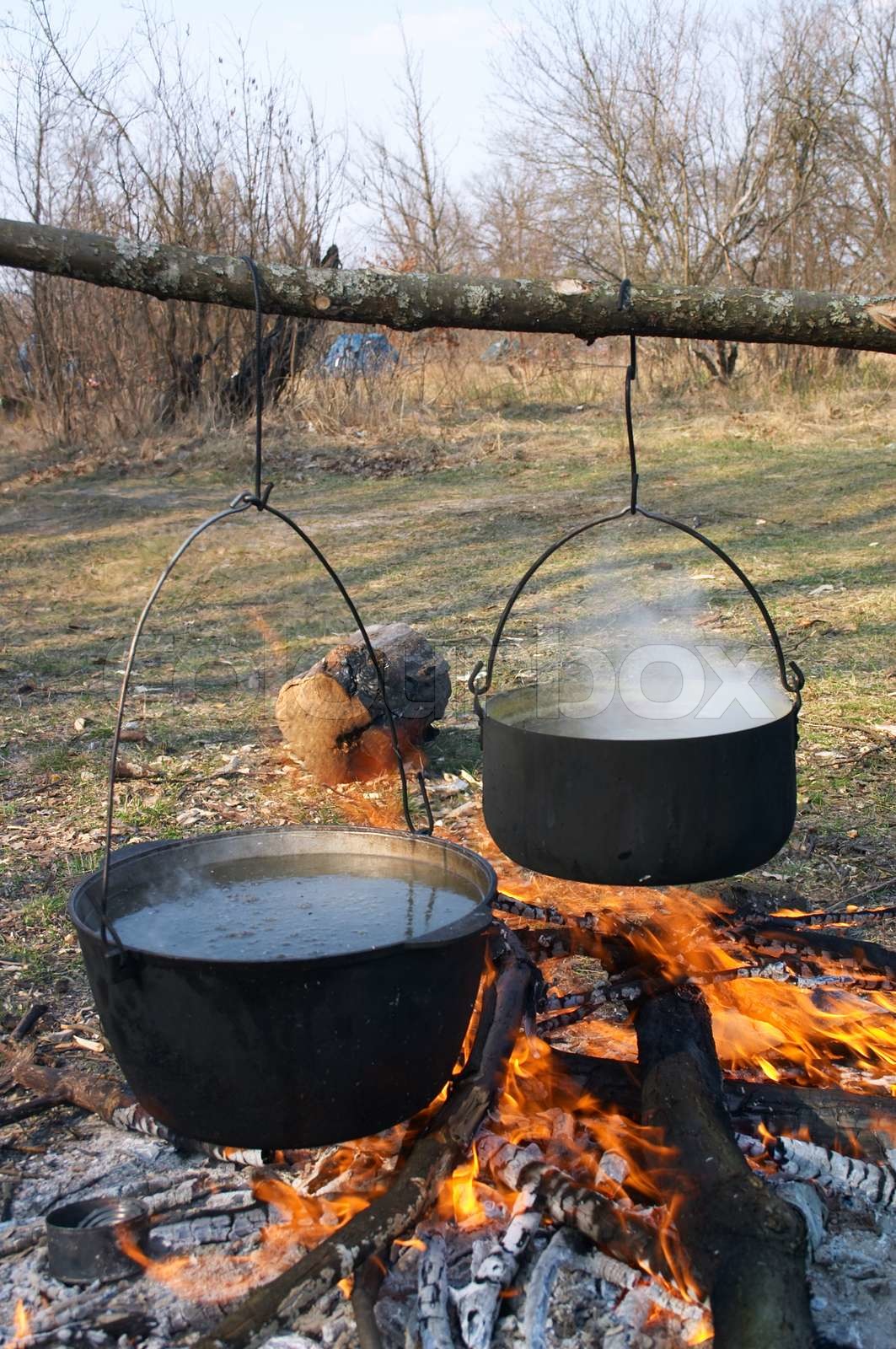 Boiling water in pots above the fire | Stock image | Colourbox