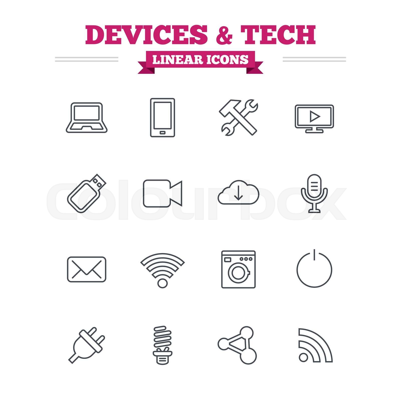 Devices and technologies linear icons set. Thin outline signs. Vector ...
