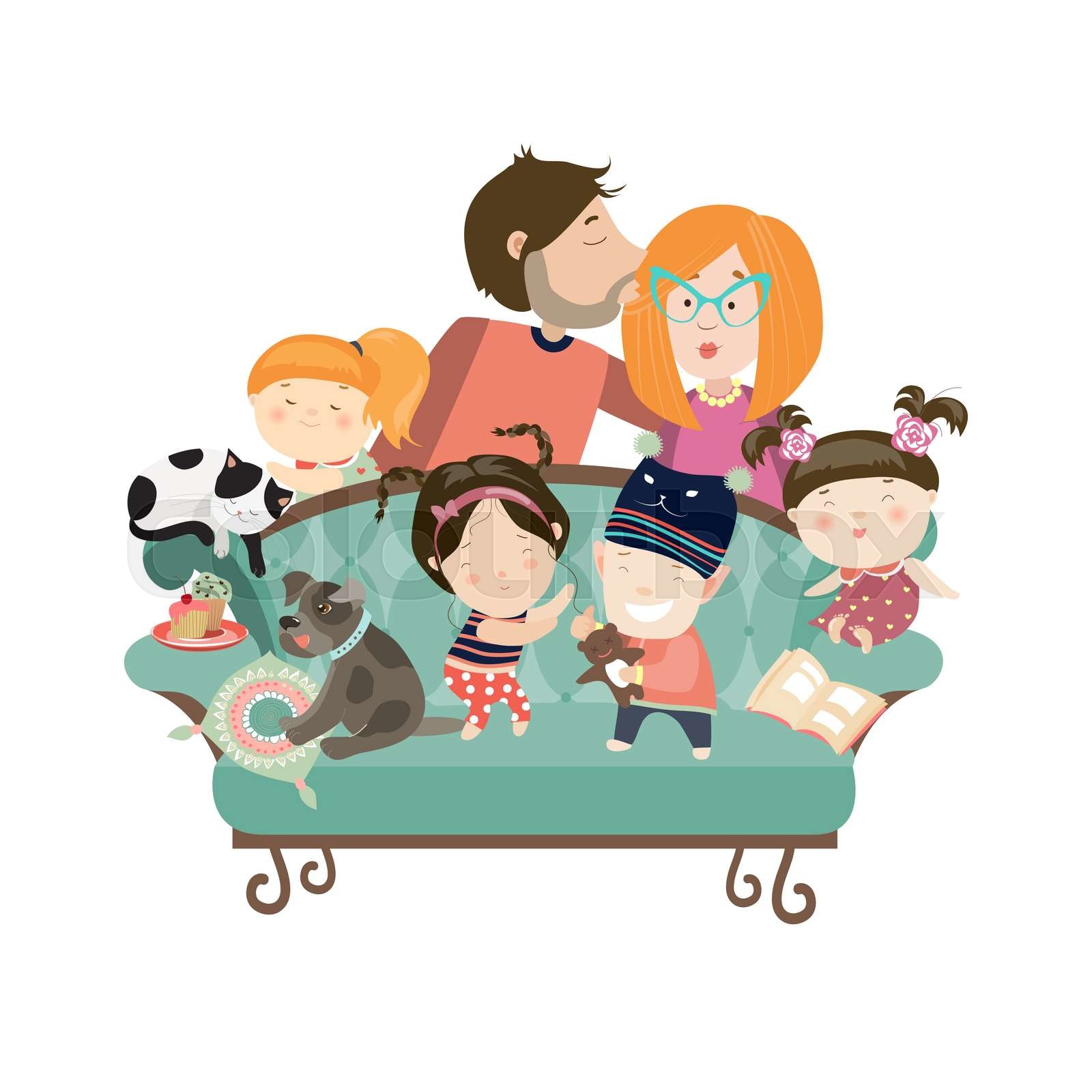 Happy kids with parents and pets | Stock vector | Colourbox