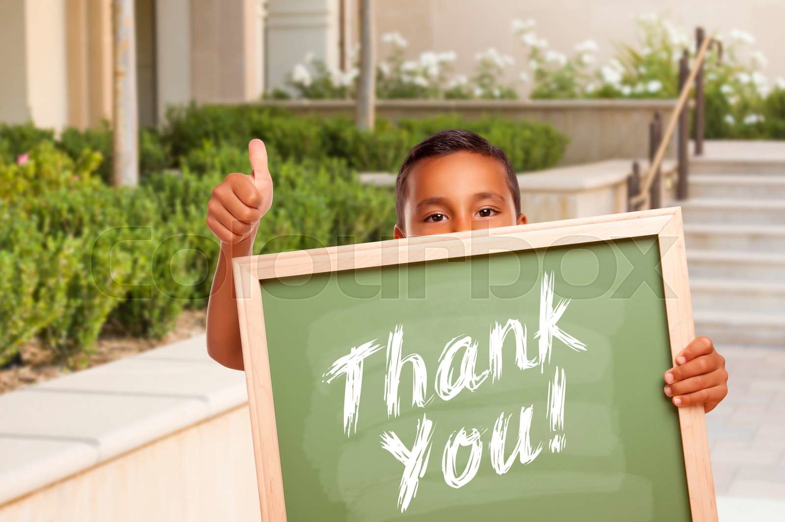 Boy Giving Thumbs Up Holding Thank You Chalk Board | Stock image ...