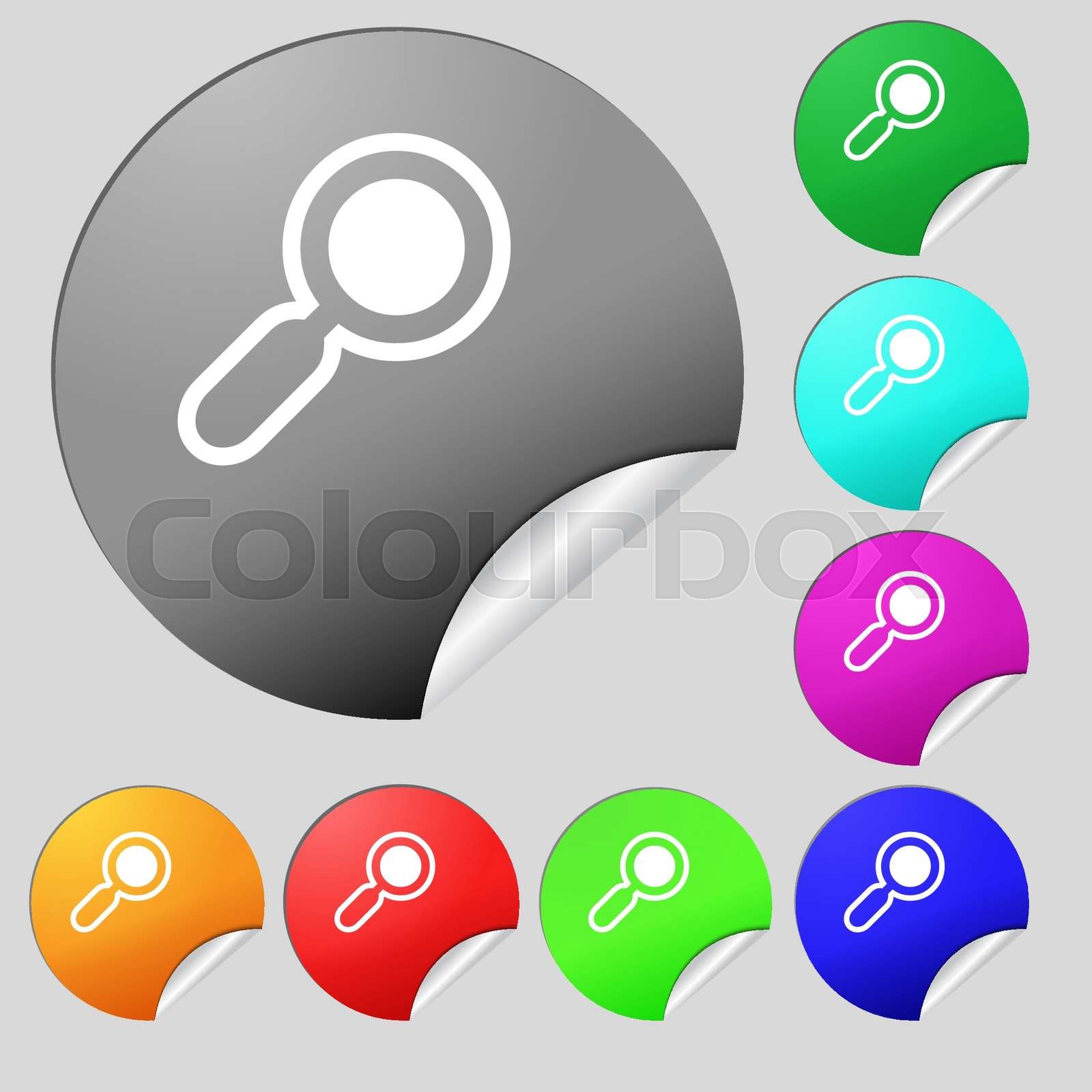 magnifying glass, zoom icon sign. Set of eight multi colored round ...