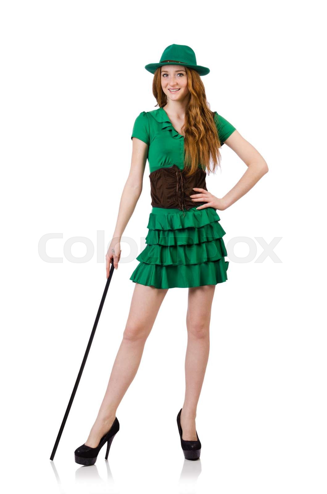 Cute Girl With Walking Sitck Isolated On White Stock Image Colourbox