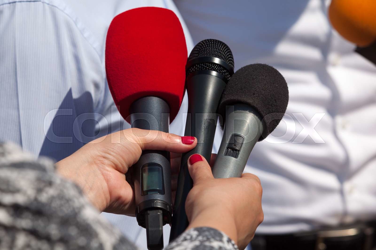 Media interview. Microphones. | Stock image | Colourbox