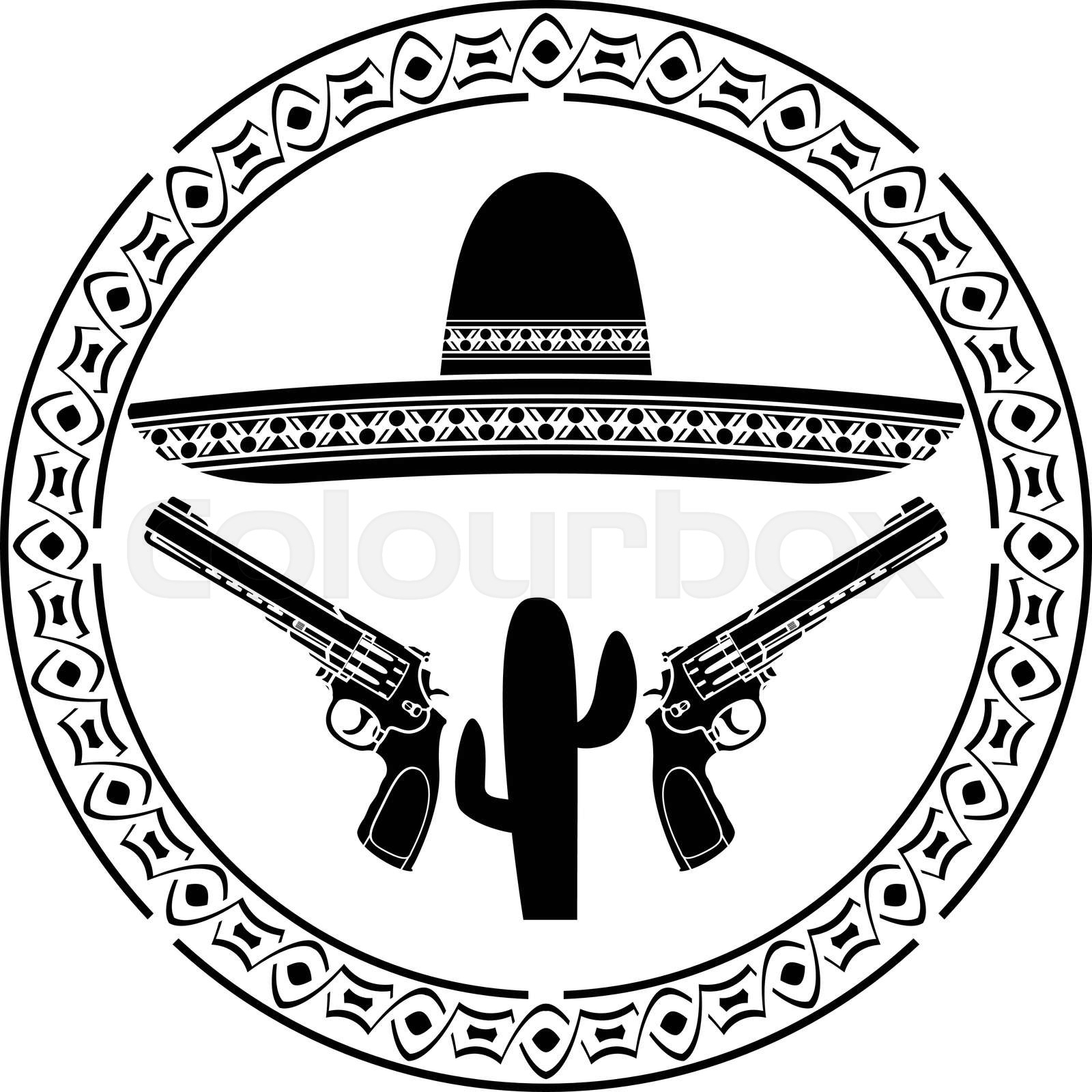 stencil of mexican sombrero and two pistols | Stock vector | Colourbox