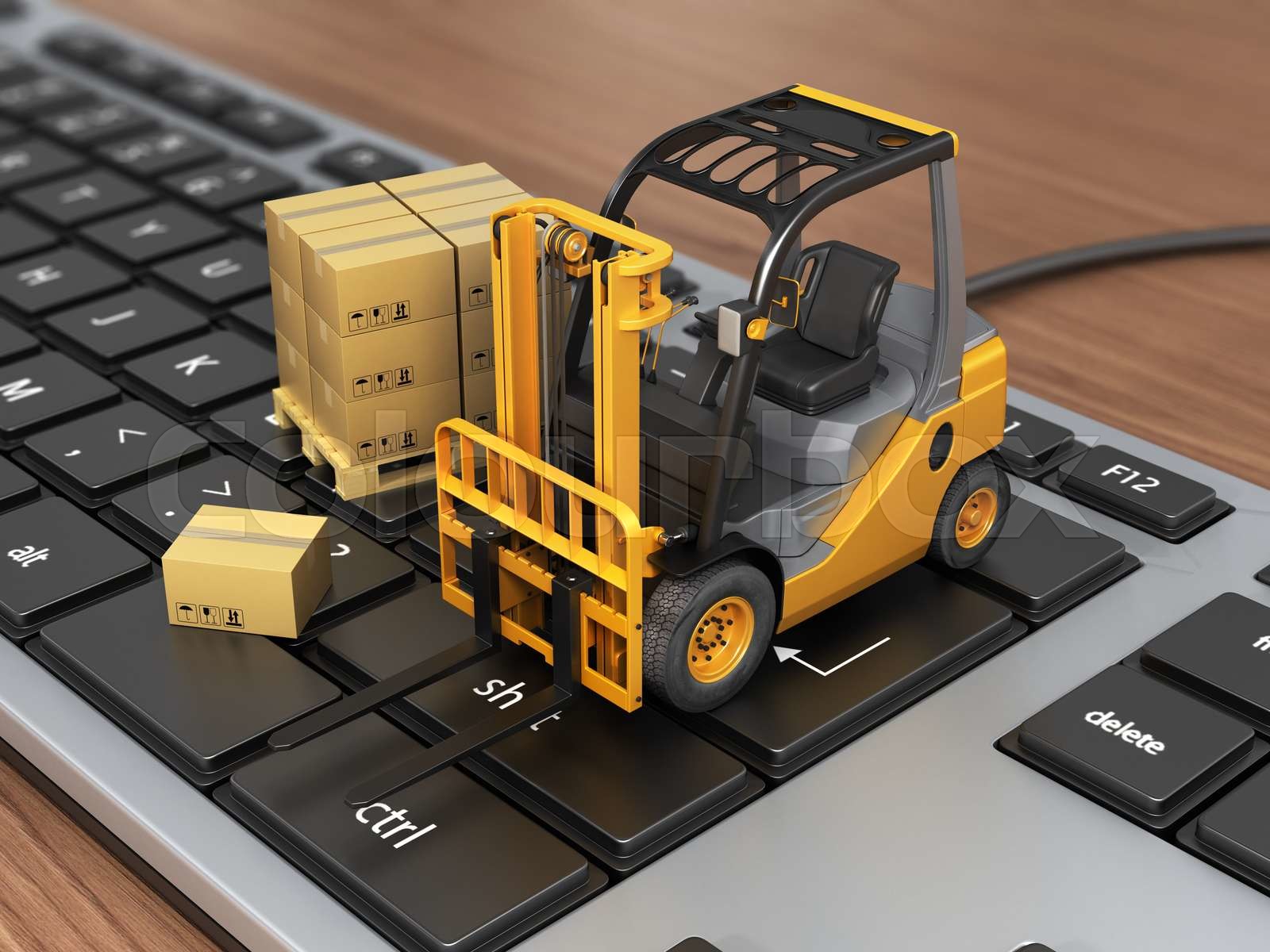 Concept of delivering, shipping or logistics. Forklift on keyboard ...
