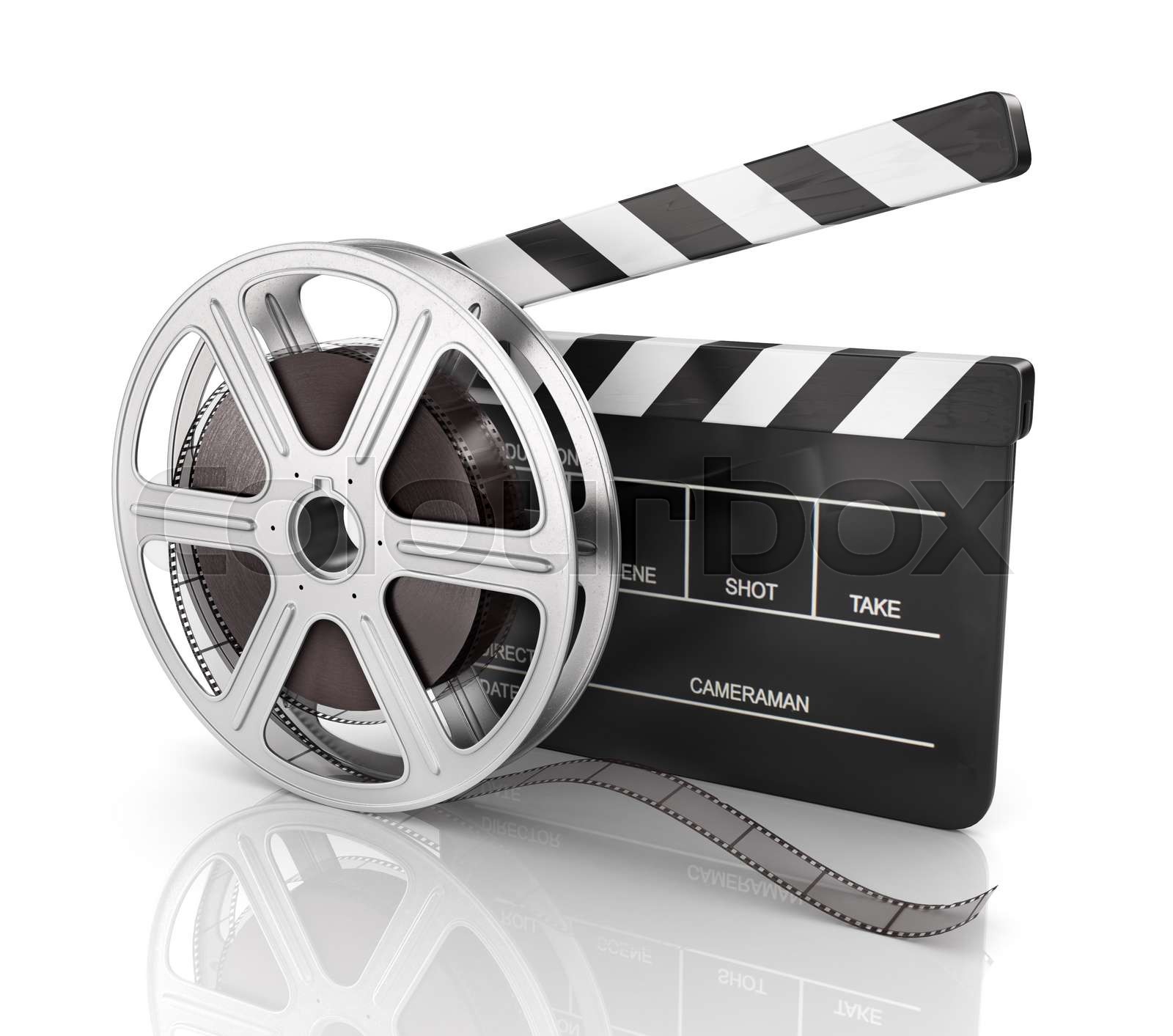 Cinema clap and film reel, over white background. | Stock image | Colourbox
