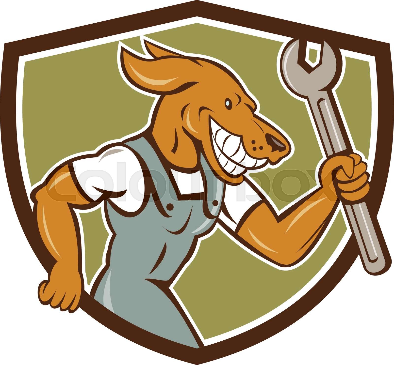 Dog Mechanic Running With Spanner Crest Cartoon | Stock vector | Colourbox
