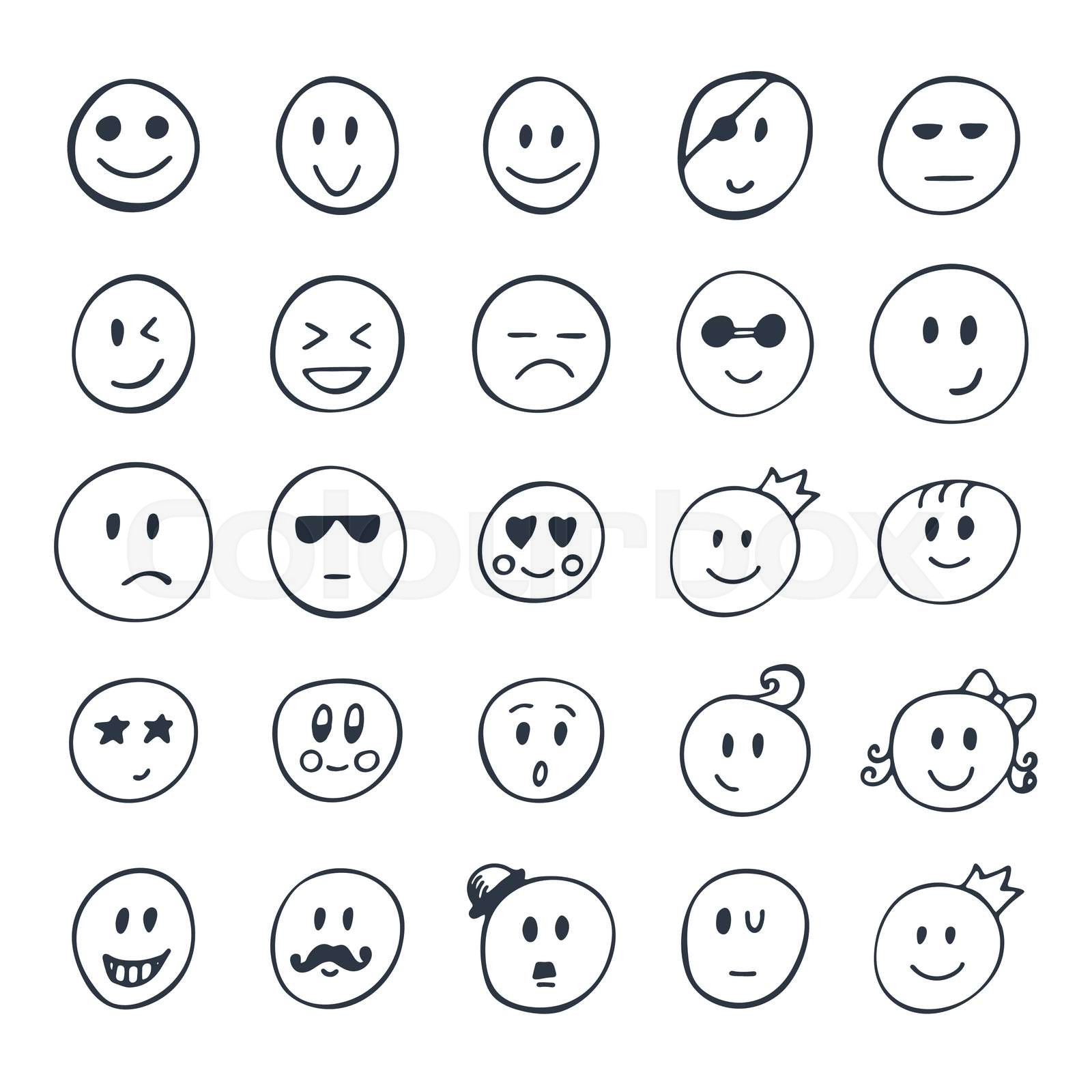 Set of hand drawn smiley, funny faces with different expressions ...