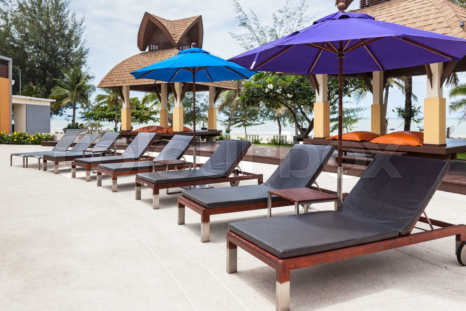 Beach chairs near swimming pool in hotel | Stock image | Colourbox
