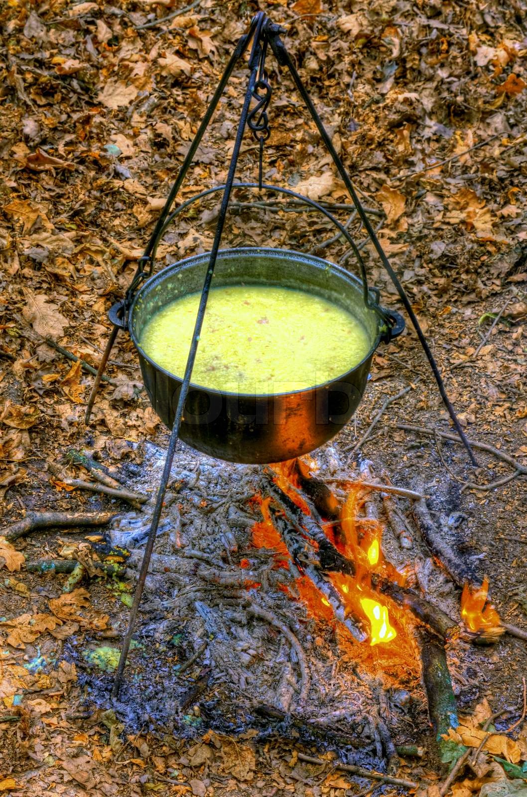 Cooking outdoors in cast-iron pot | Stock image | Colourbox