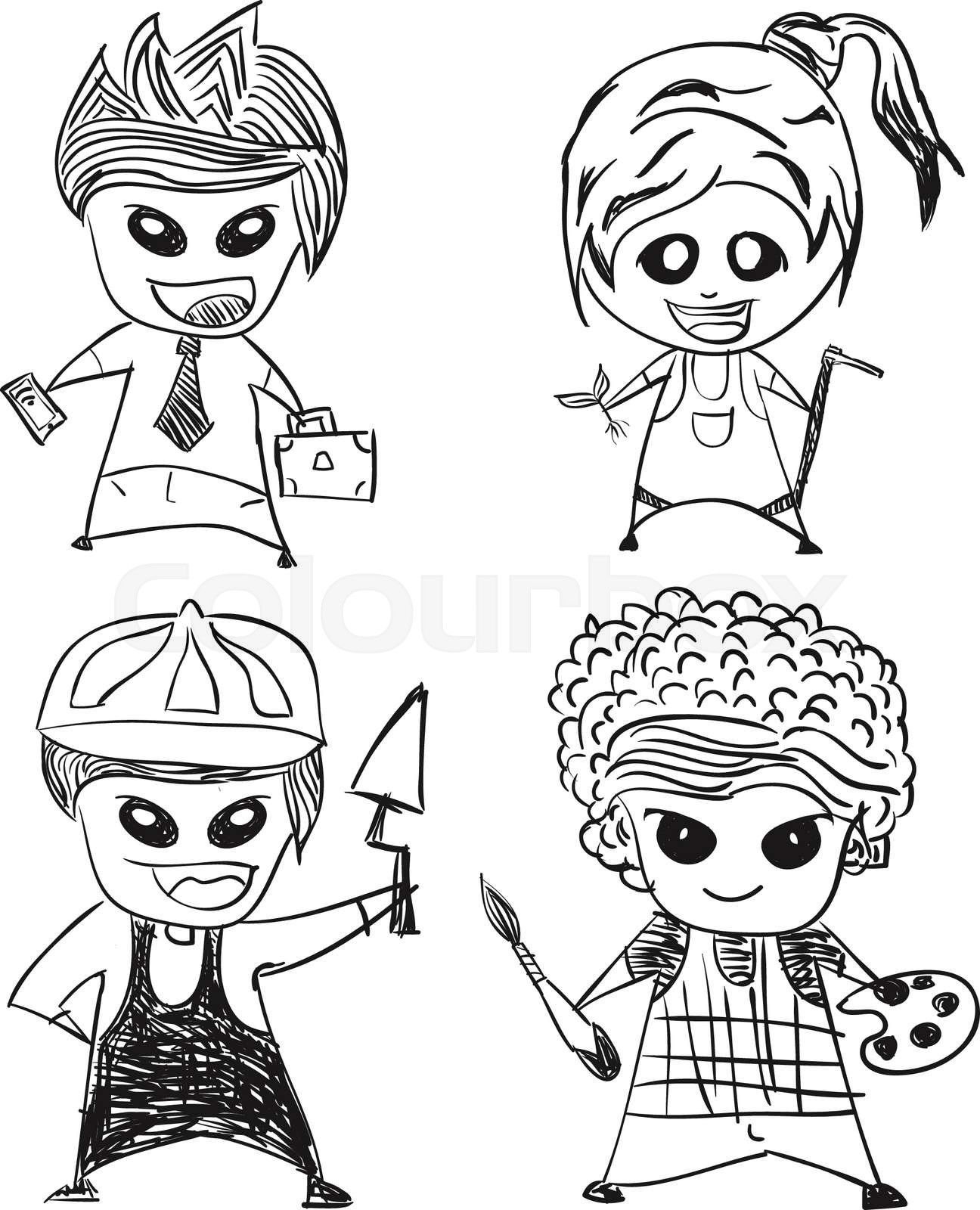 set of cute characters occupation, drawing by hand vector | Stock ...