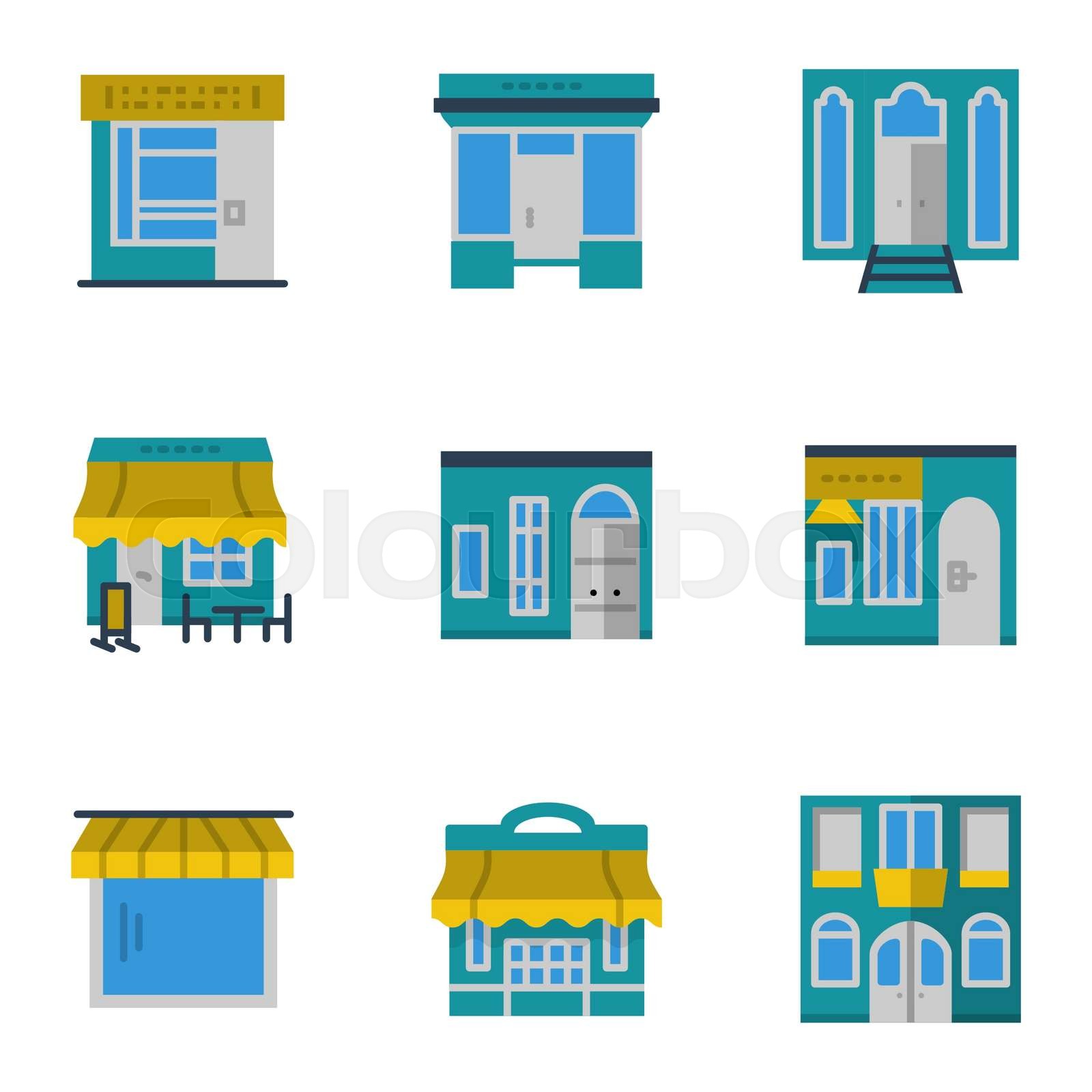 Storefronts blue vector icons set | Stock vector | Colourbox