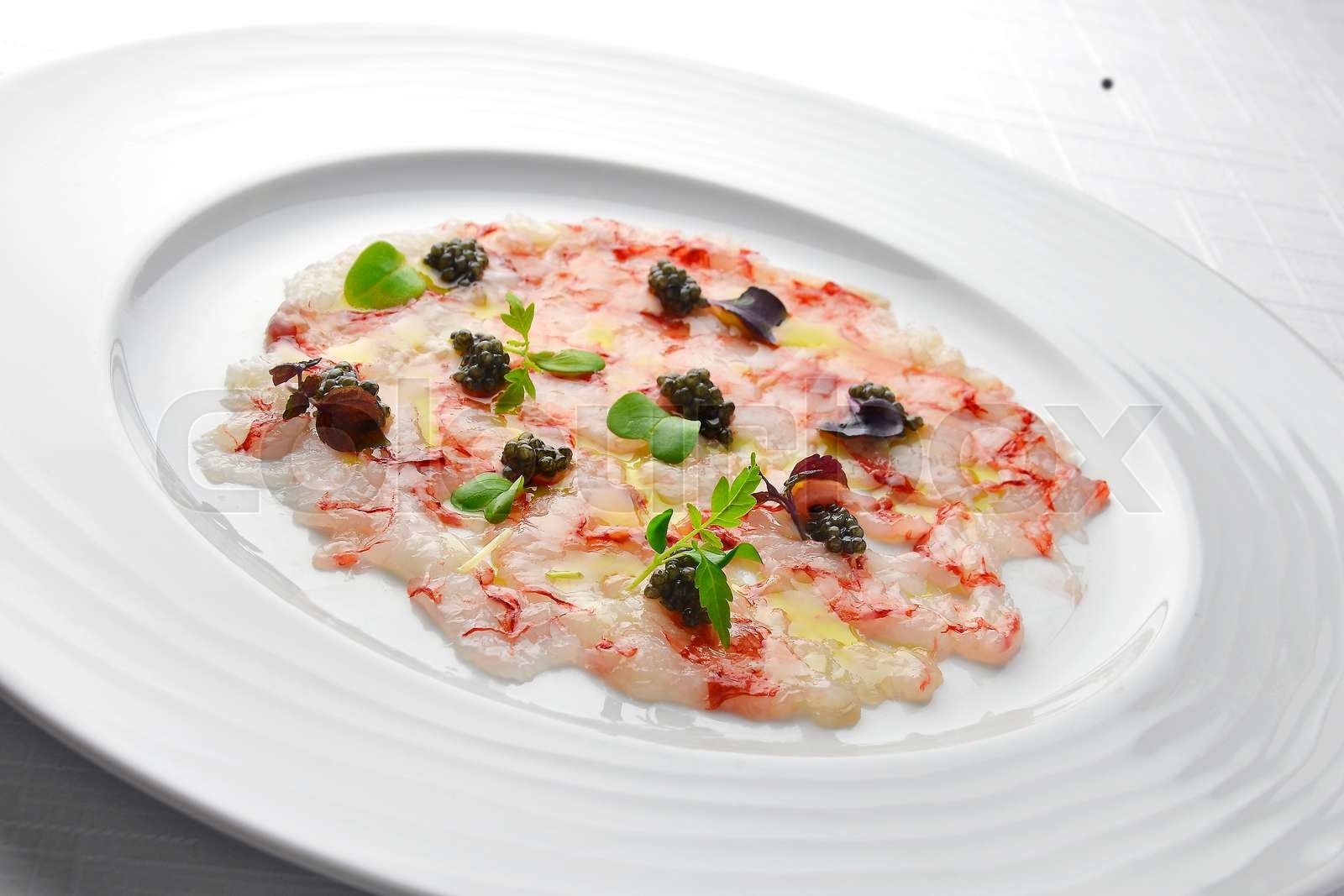 Fish Appetizer Carpaccio of Red Prawns and Caviar 2 | Stock image ...