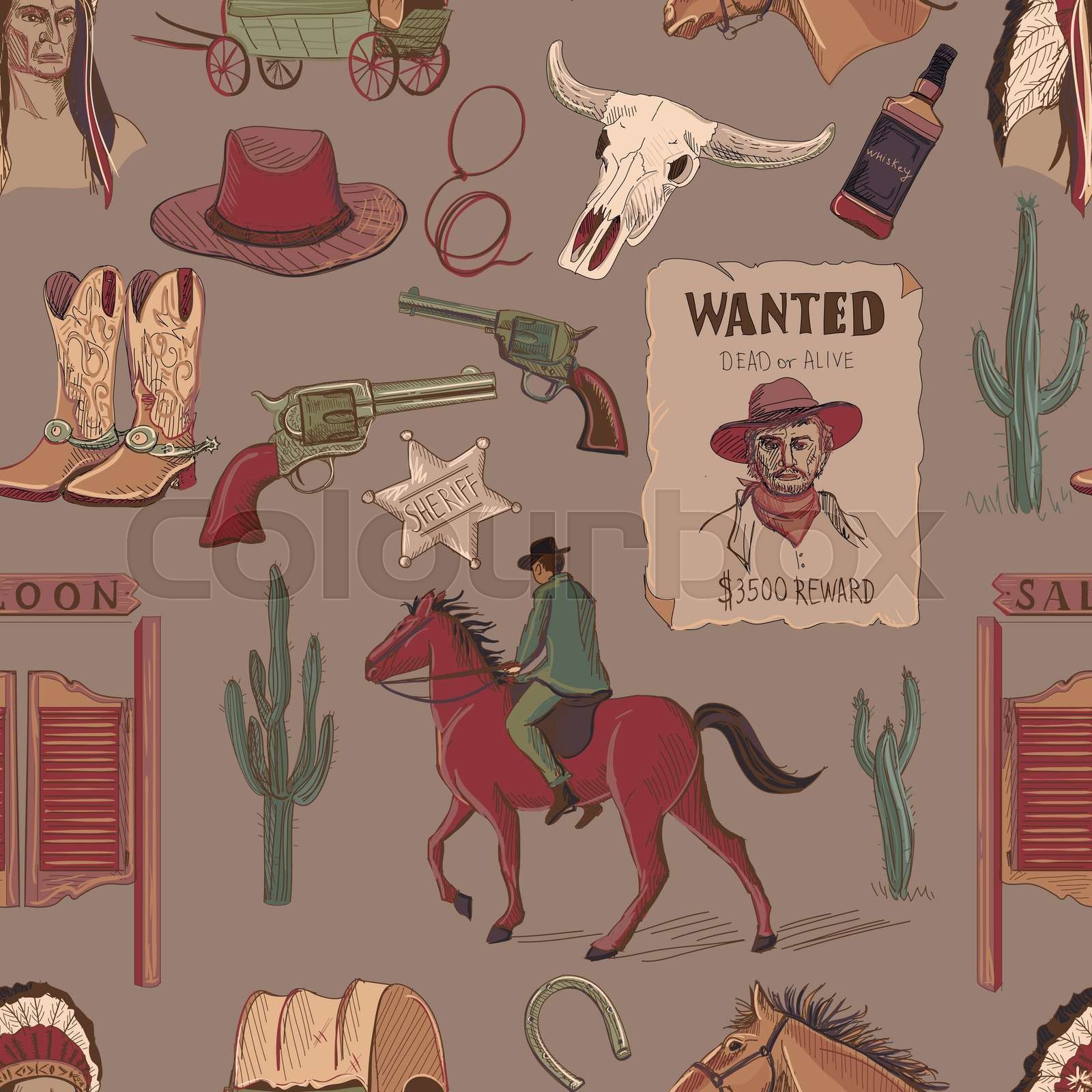 Wild West colored hand drawn pattern | Stock vector | Colourbox