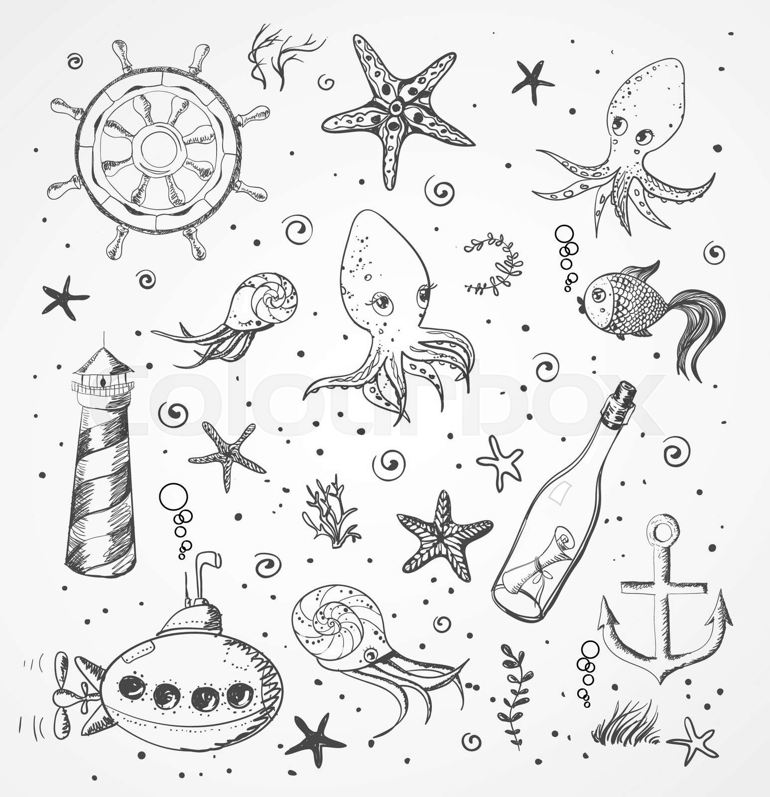 Set of sea sketch objects | Stock vector | Colourbox