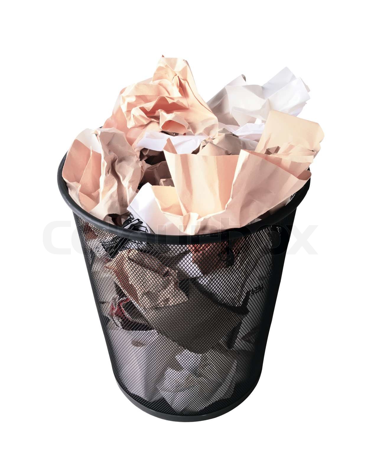 Garbage bin with paper waste isolated on white | Stock image | Colourbox