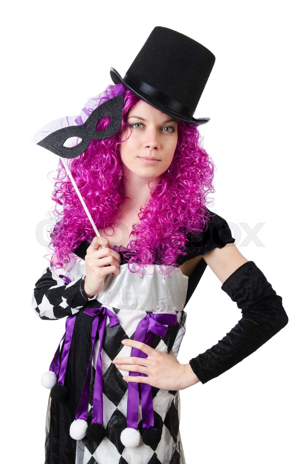 Pretty girl in jester costume isolated on white | Stock image | Colourbox
