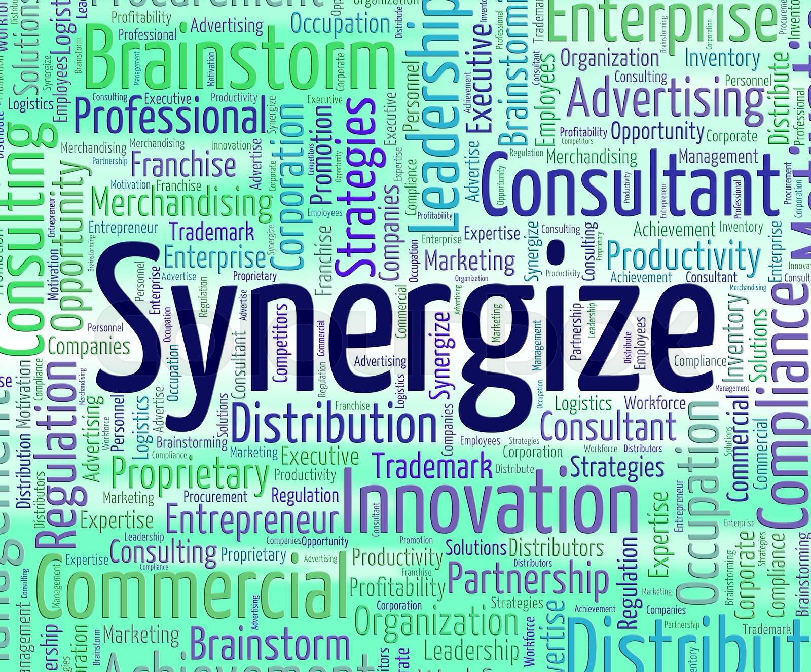 Synergize Word Indicates Work Together And Partner | Stock image ...