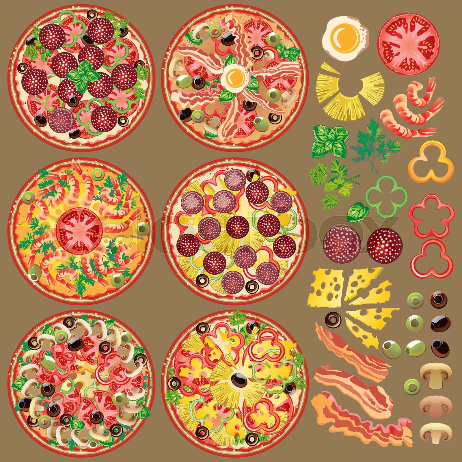 Set of different pizza ingredients. Six types of pizza. | Stock vector ...