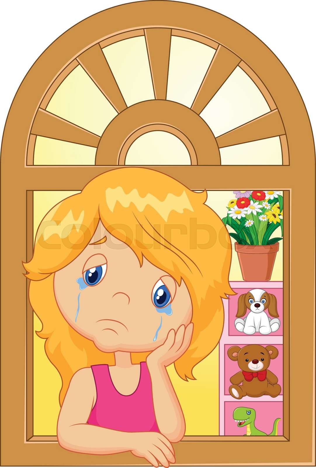 Cartoon little girl cry and watching out the window | Stock vector ...