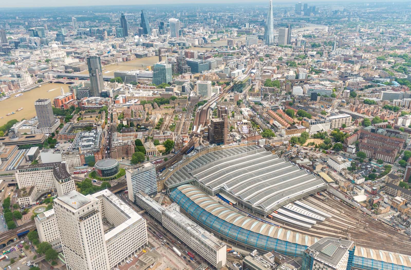 London, UK. Aerial view of Waterloo station and city skyline | Stock ...