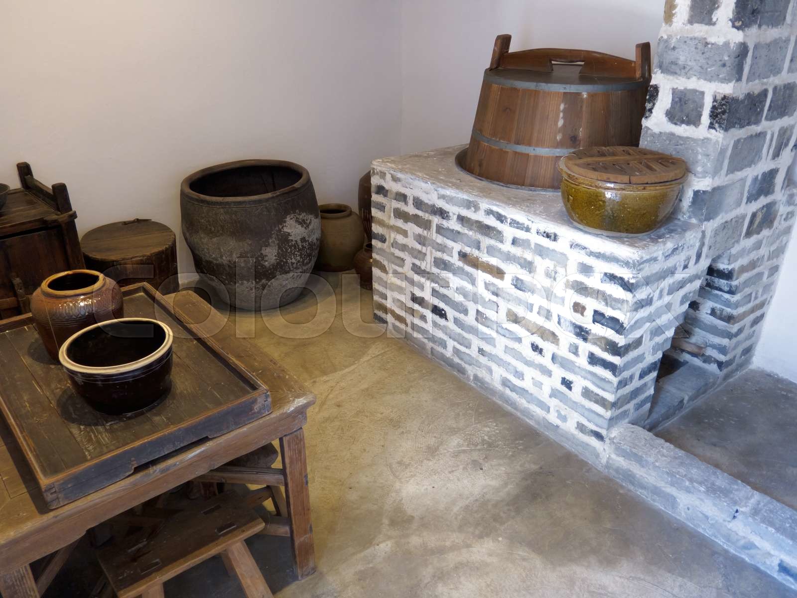 Old Chinese kitchen set and stove | Stock image | Colourbox