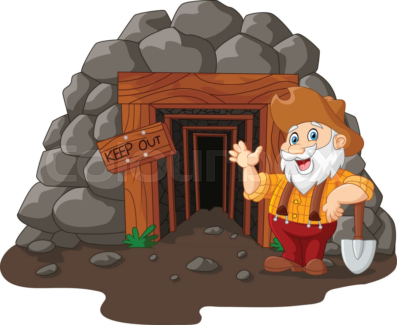 Cartoon mine entrance with gold miner holding shovel | Stock vector ...