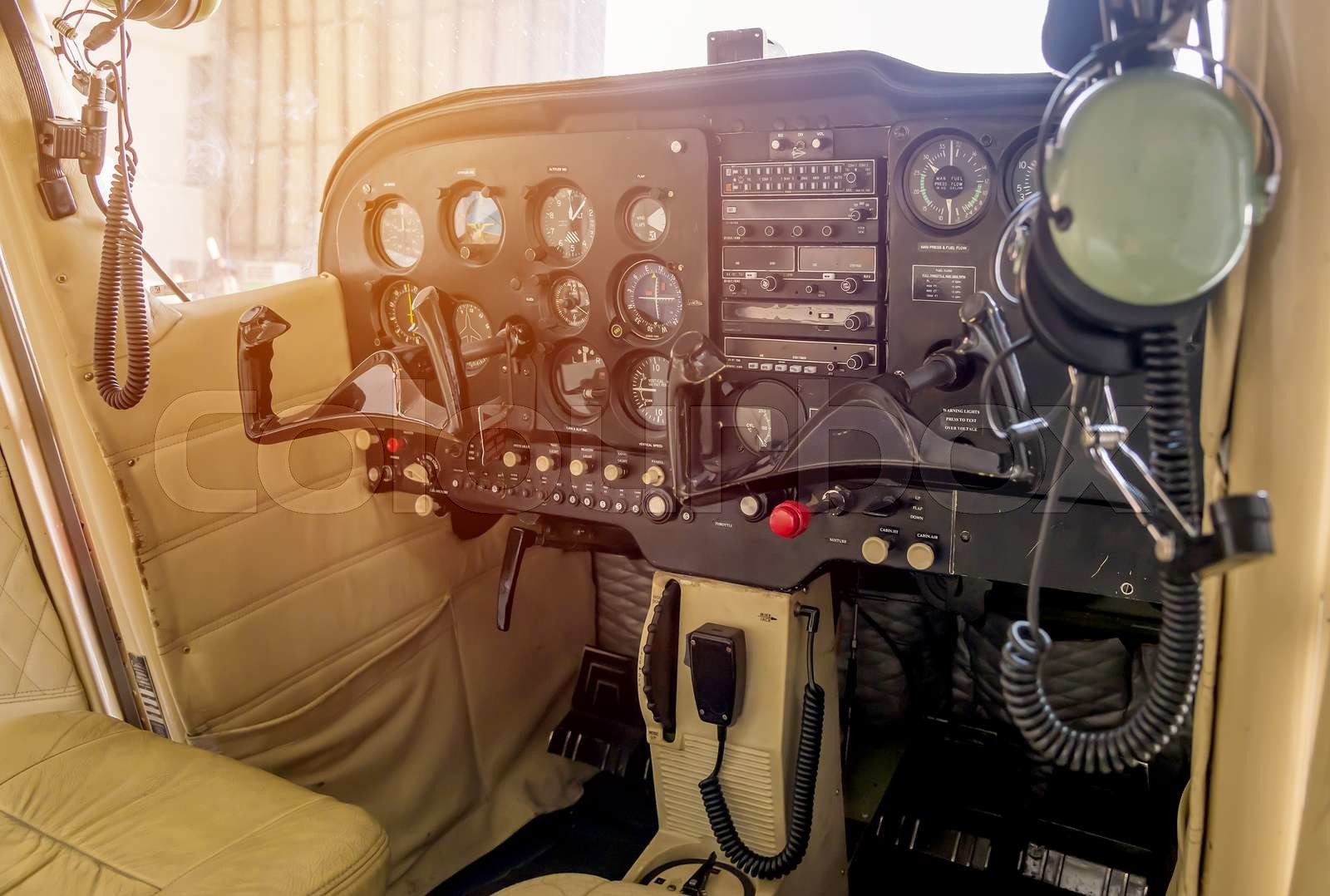 Control panel in a cockpit with instruments equipment | Stock image ...