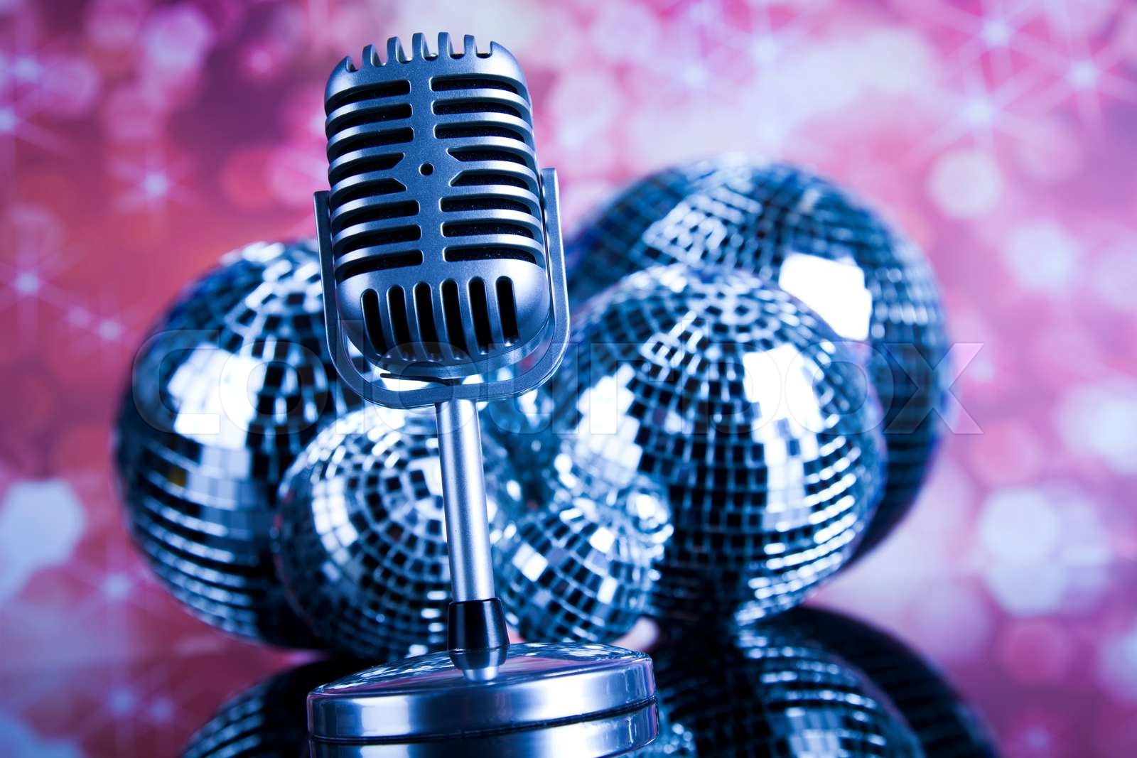 Retro style microphone on sound waves and Disco Balls | Stock image ...