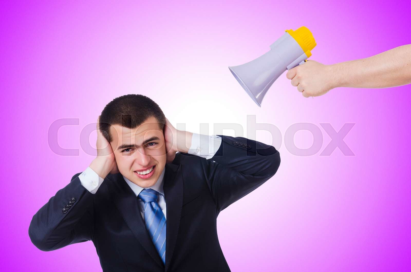 Man with loudspeaker isolated on white | Stock image | Colourbox