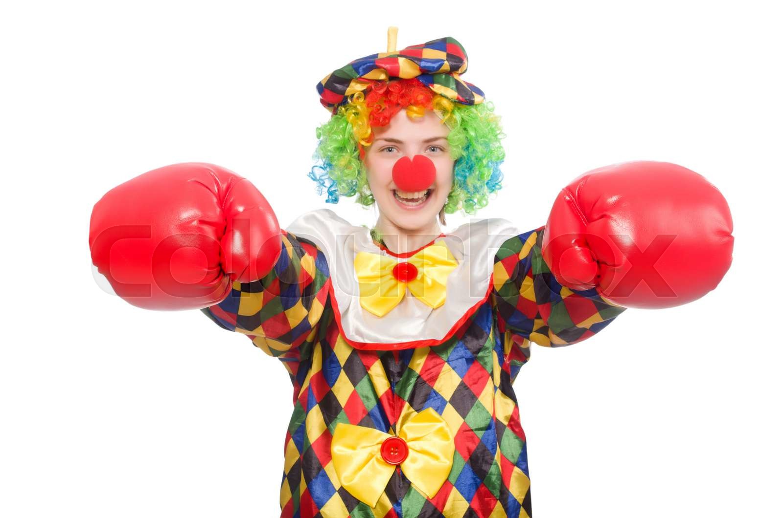 Clown with boxing gloves isolated on white | Stock image | Colourbox