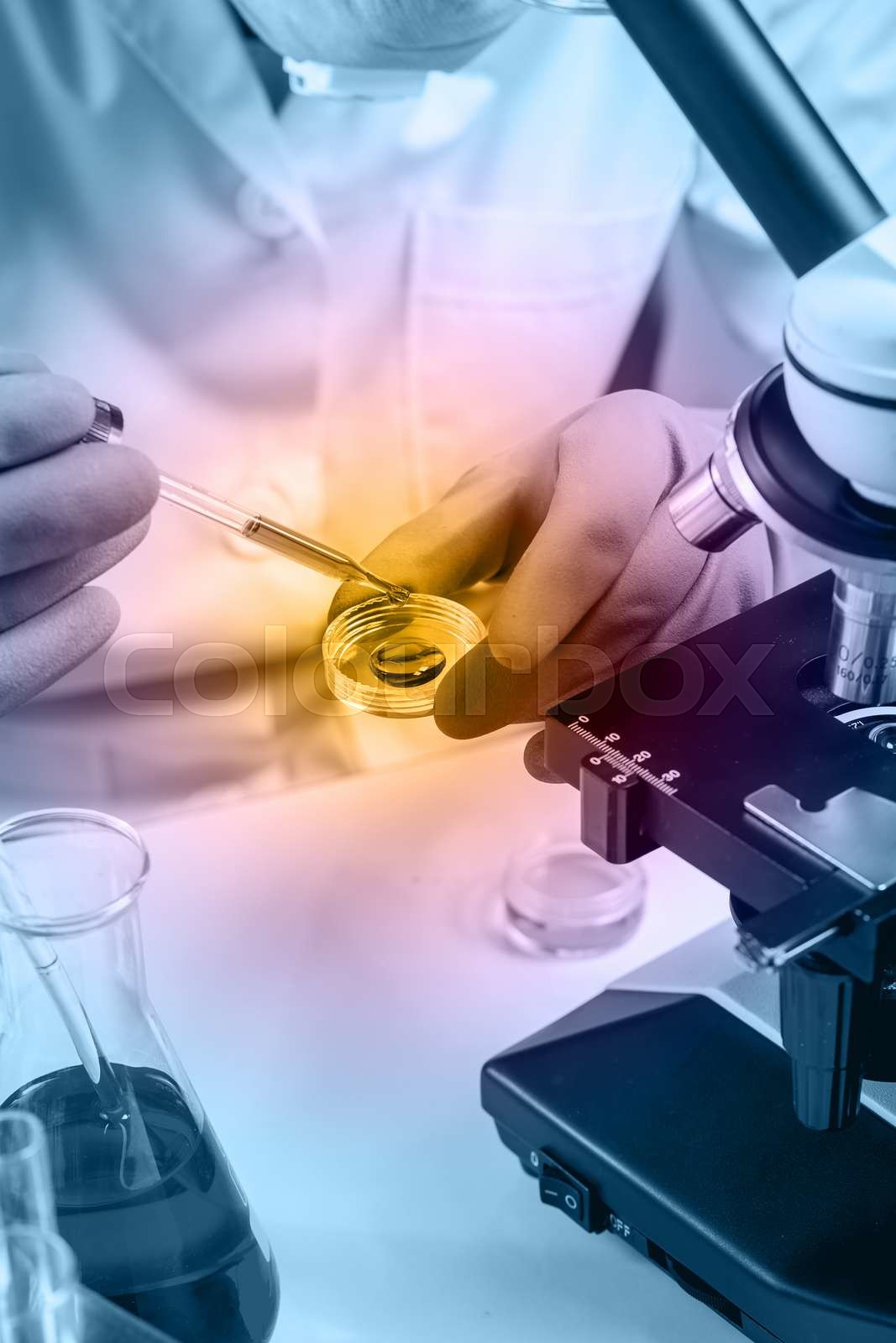 Hands of clinician holding tools during scientific experiment in ...