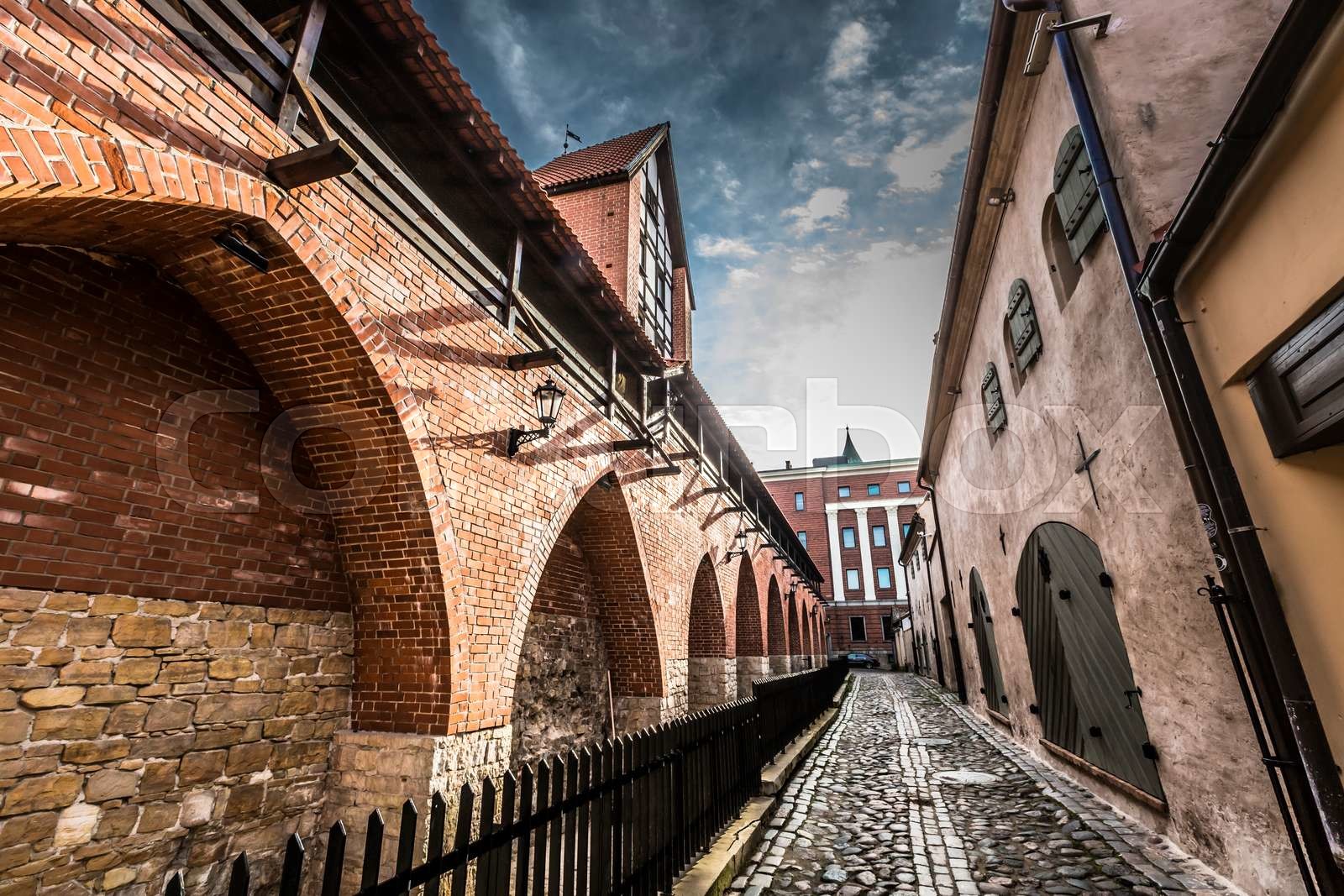 Famous narrow medieval architecture building street in old town Riga ...