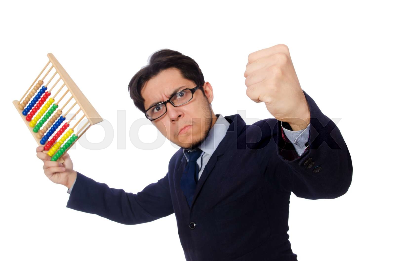 Angry accountant with abacus isolated on white | Stock image | Colourbox