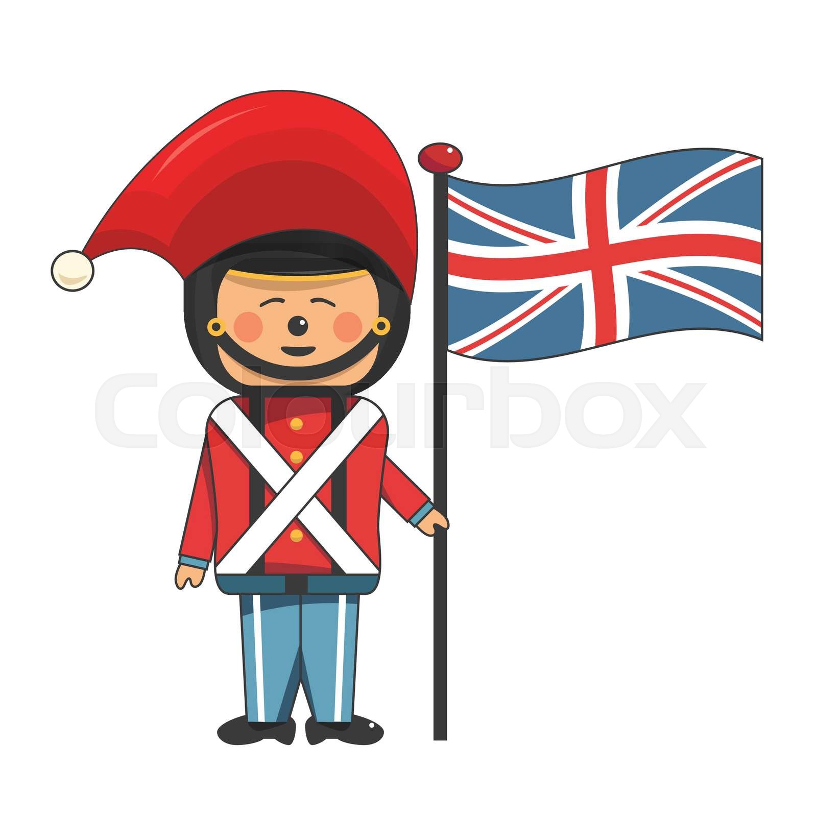 Soldier elf in red uniform holding the british flag | Stock vector ...